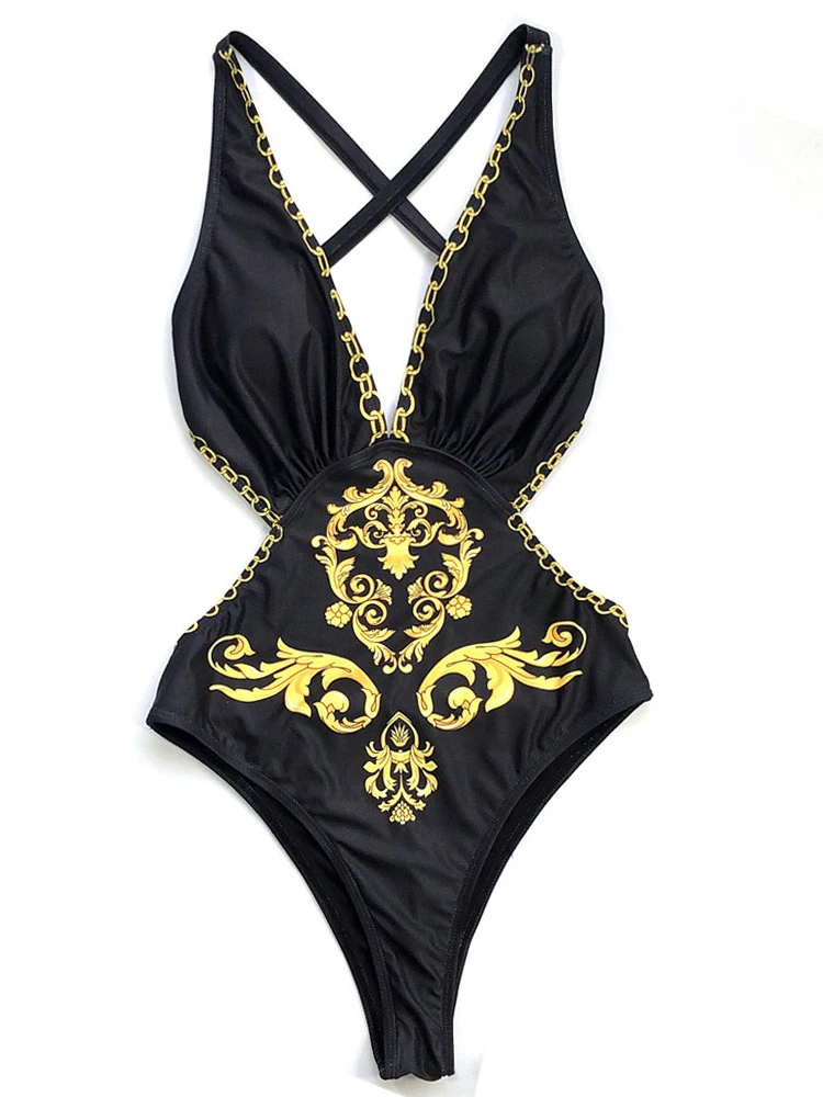 Vigoashely Sexy Black Print Swimwear Women Vintage One Piece Swimsuit ...