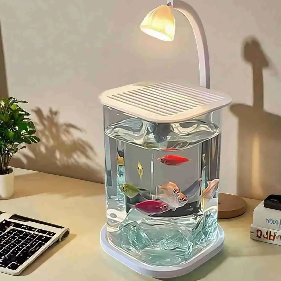 Mini Betta Fish Glass Tank Desktop Aquarium With Night Light Cozy Glow ...