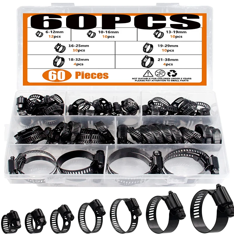 60pcs-Clamps-Stainless-Steel-Adjustable-6-38mm-Range-Worm-Gear-Black ...
