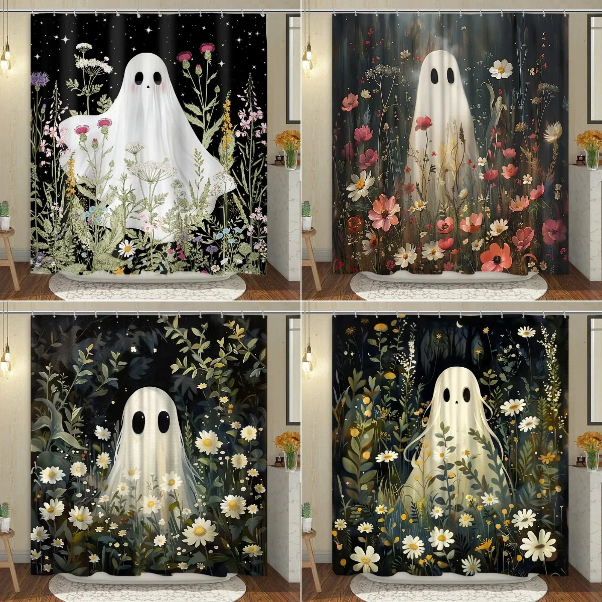 Cute Ghost Shower Curtain Cartoon Spooky Flower Plant Candle ...