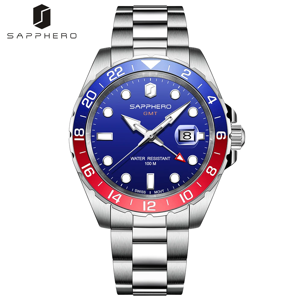SAPPHERO-GMT-Watch-for-Men-Luxury-Swiss-Movement-100M-Waterproof-Date ...