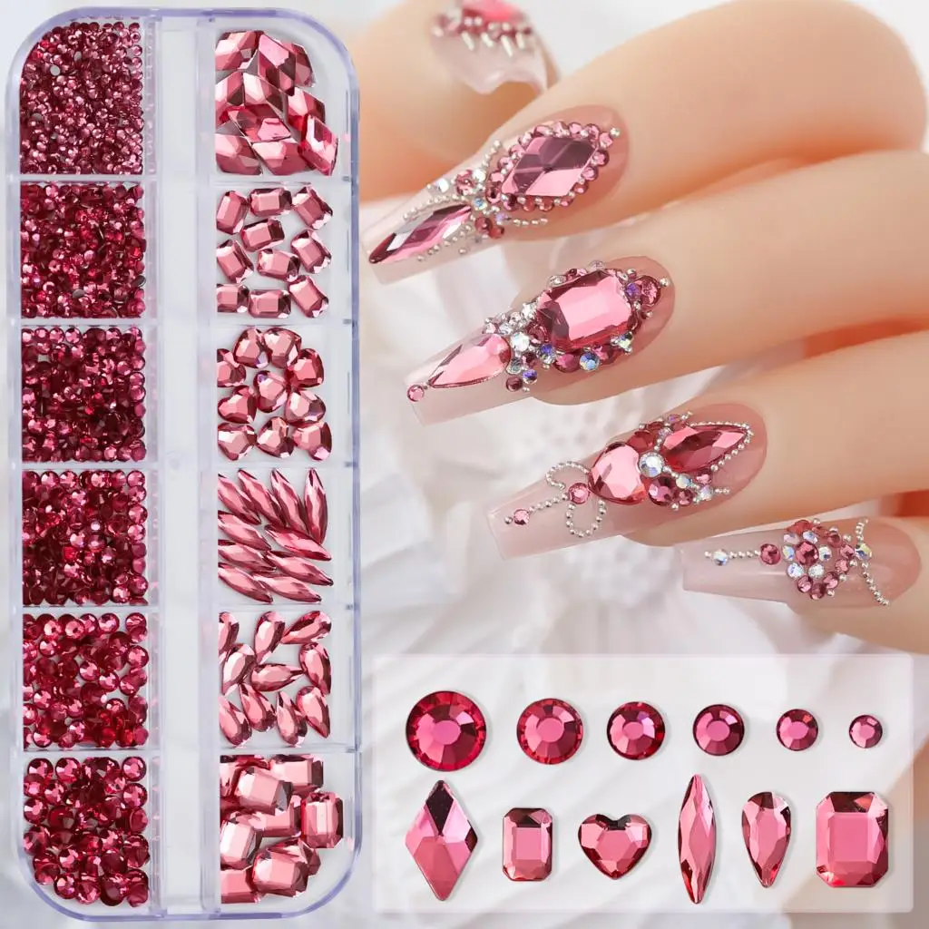 12Gird-3D-Glass-Rose-Red-Crystal-Nail-Art-Rhinestones-Mixed-Shape ...