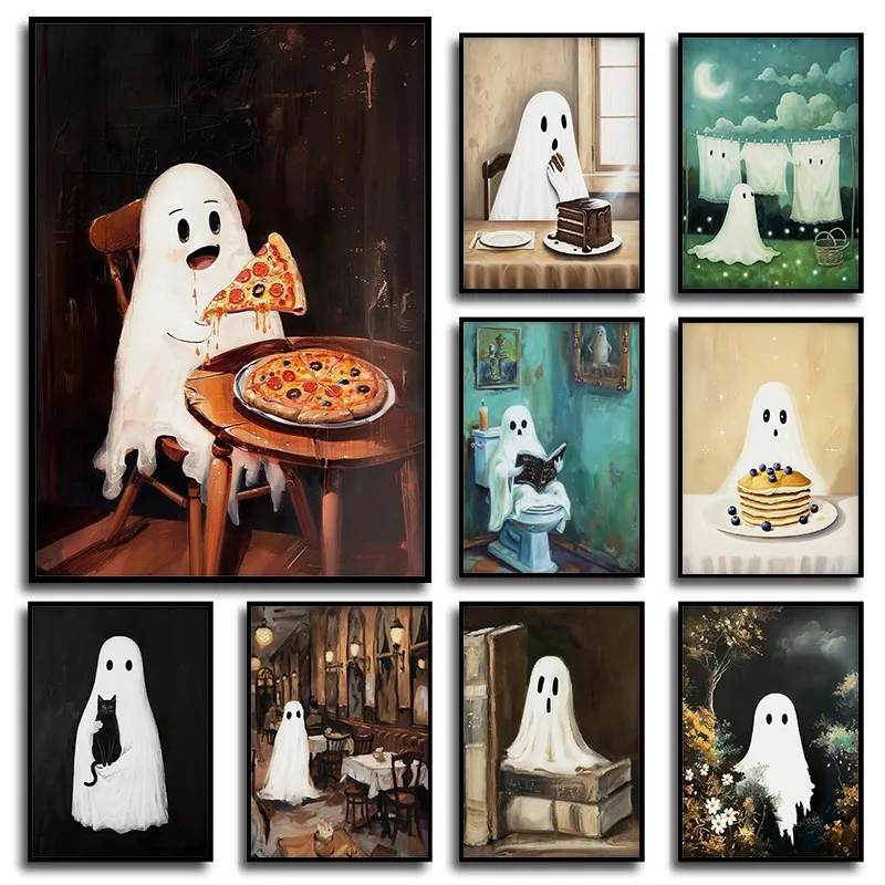 Vintage-Academia-Halloween-Cute-Ghost-Eat-Pizza-Posters-and-Prints ...