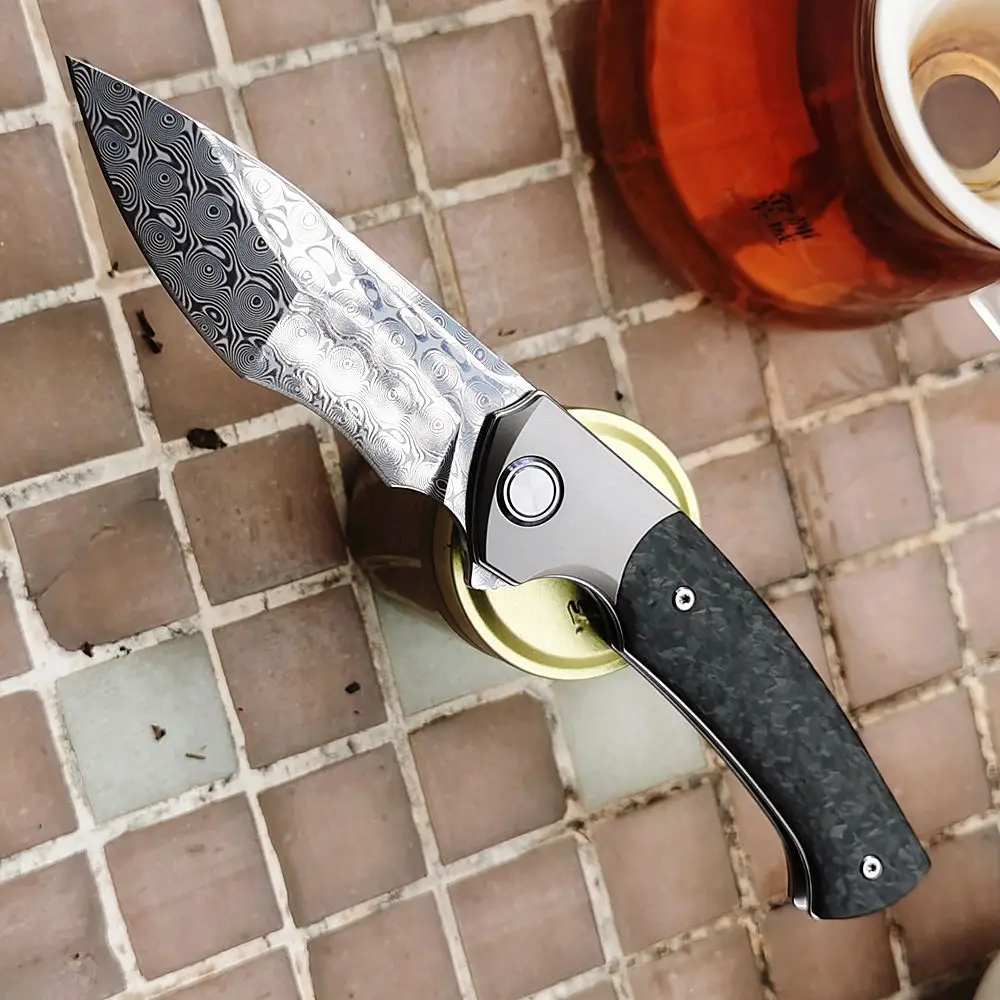 Sitivien Design St255 Damascus Blade Double Flipper Carbon Fiber Handle ...