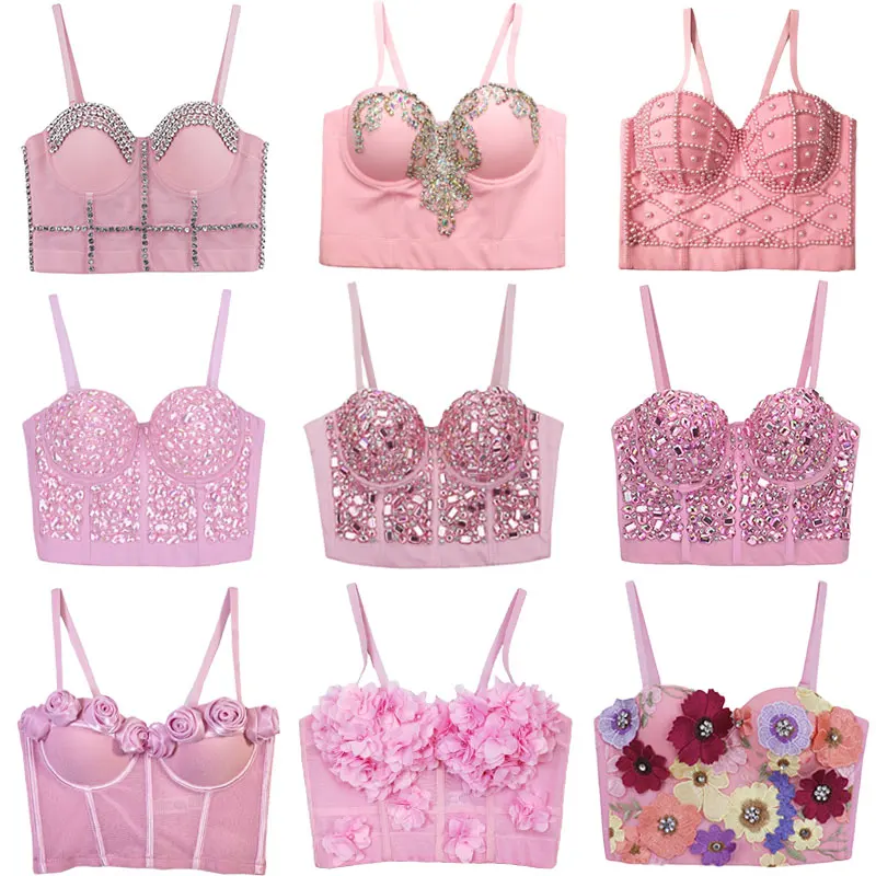Pink Women Corset Tops 2026 Sequined Flowers Diamond Sexy Crop Tops ...