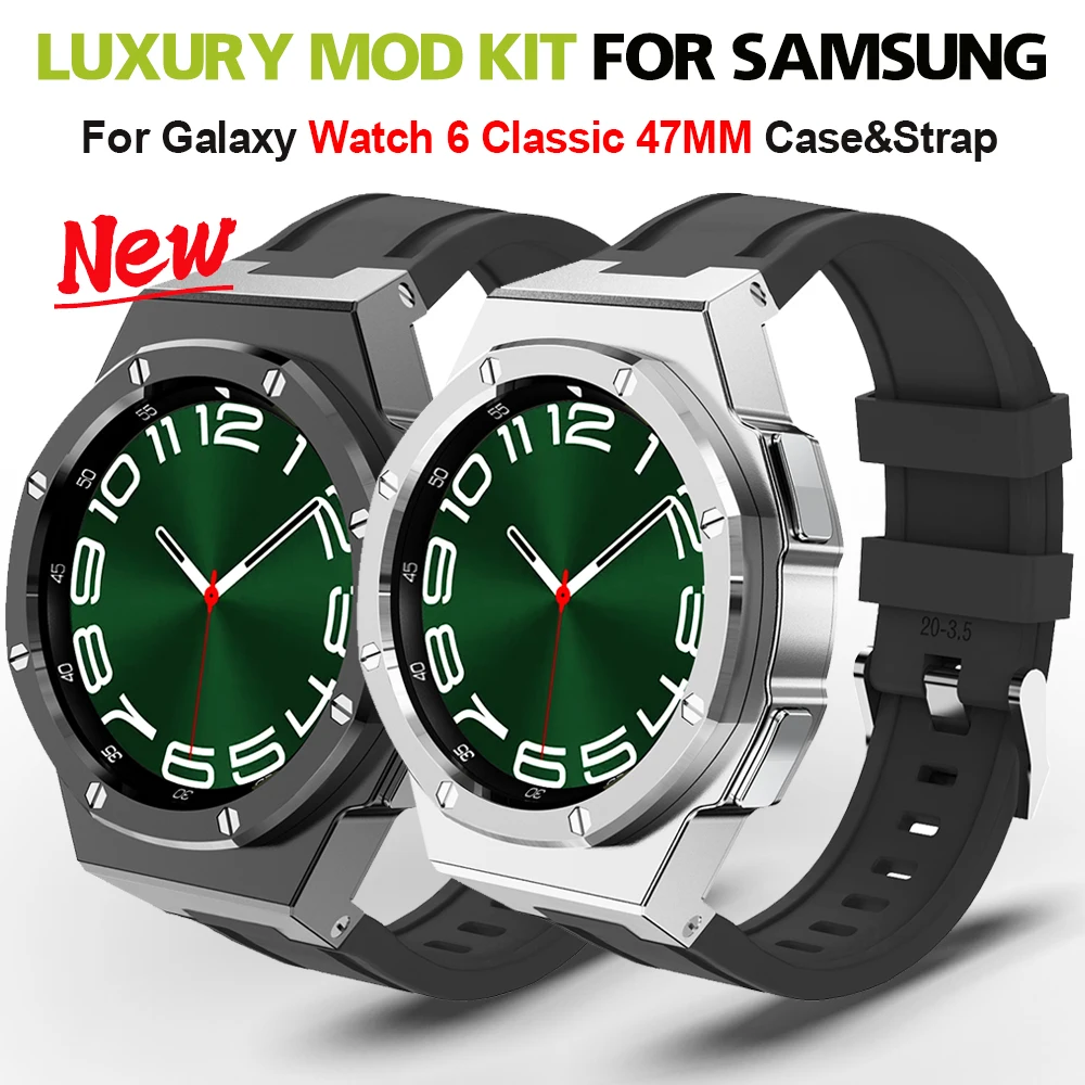 Metal-Case-Rubber-Strap-For-Samsung-Watch-6-Classic-47MM-Luxury ...