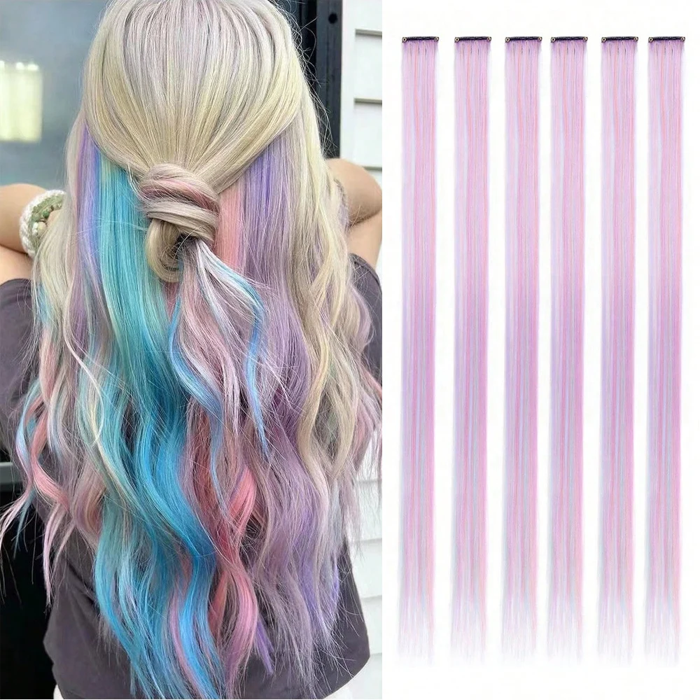 6pcs-set-Unicorn-Color-Rainbow-Clip-in-One-Piece-Hair-Extension-Pink ...