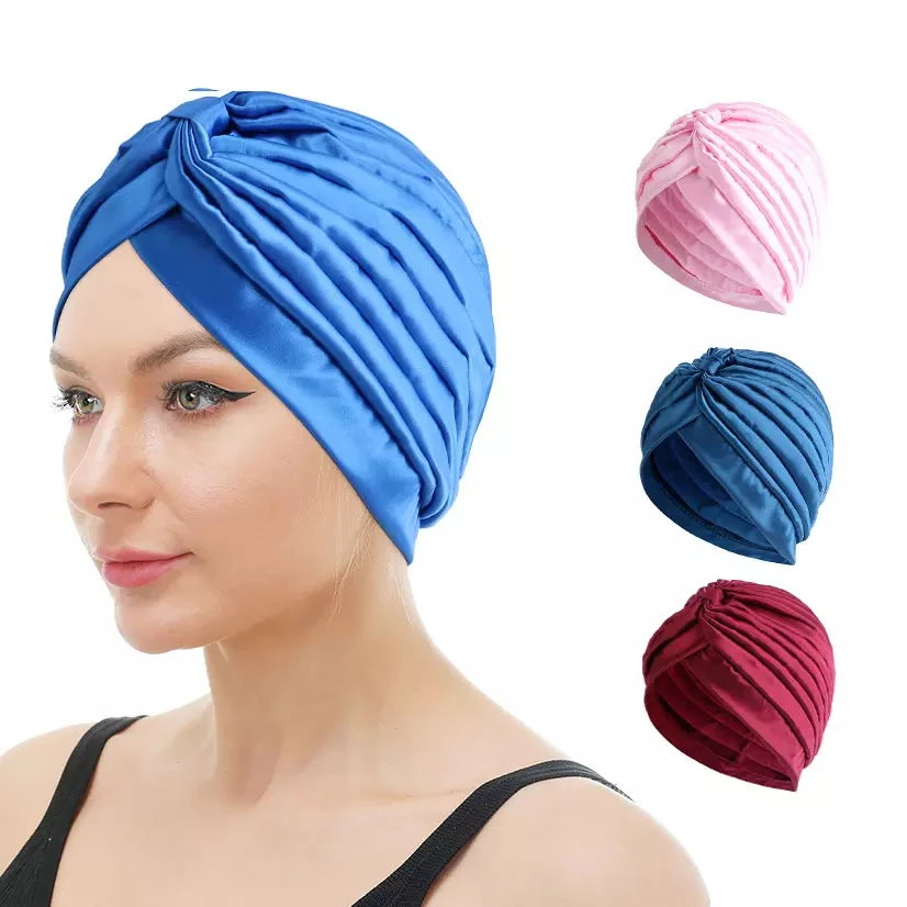 New Women Satin Ruffle Knot Turban Bonnet Silky Plain Color Muslim ...
