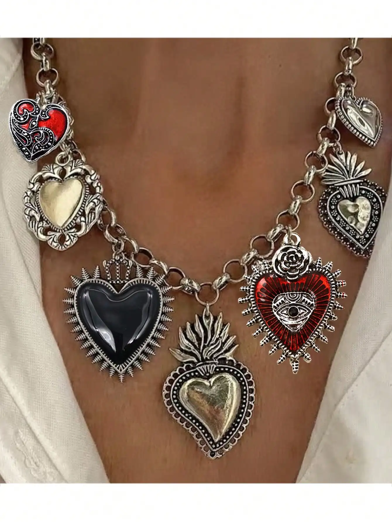 CUIER 1PC Gothic Chunky Chain Charms Flaming Heart Statement Necklace ...