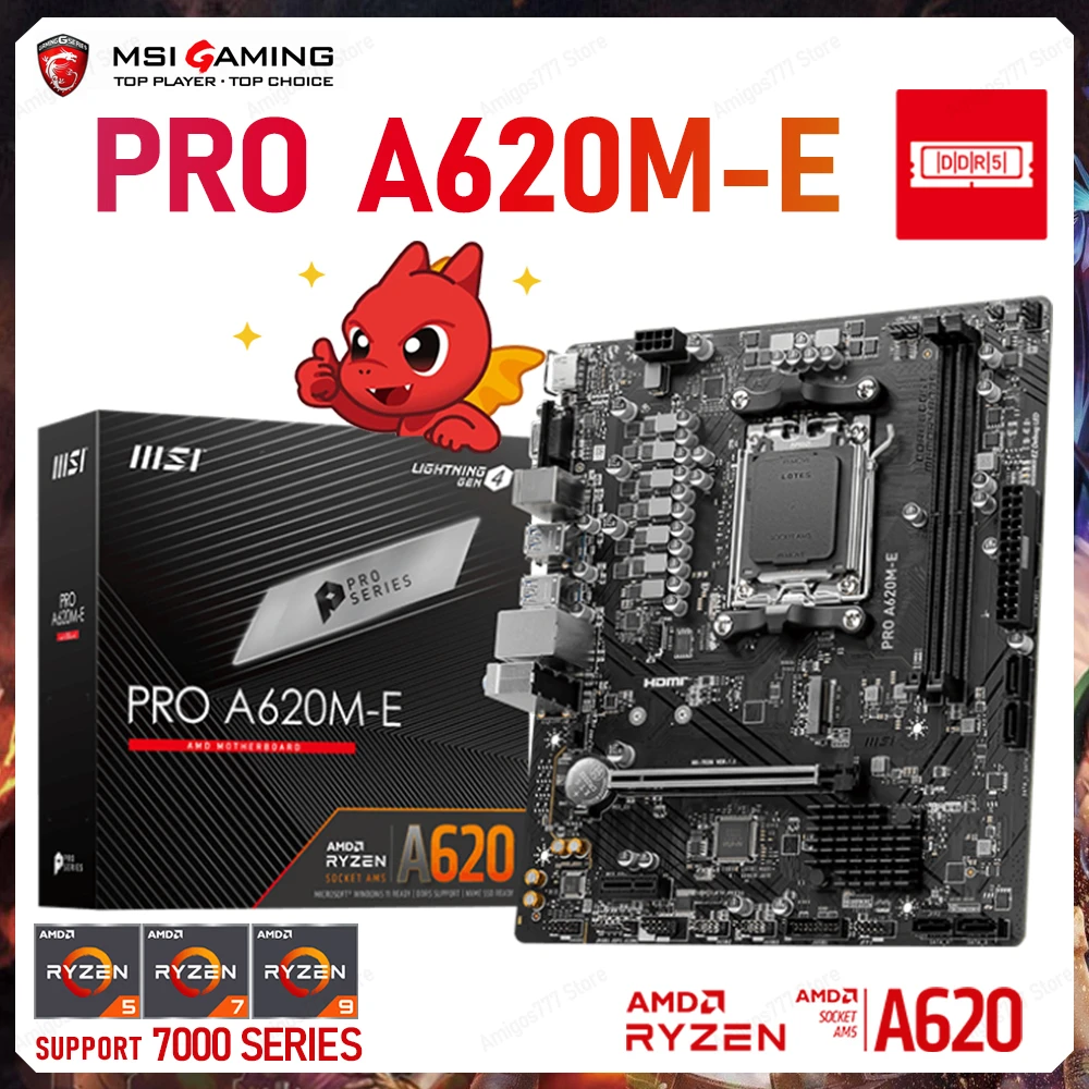 MSI PRO A620M-E Placa-mãe AMD A620 AM5 DDR5 6400 +(OC) MHz M.2 PCIe 4.0x16 64G Suporta AMD Ryzen ...