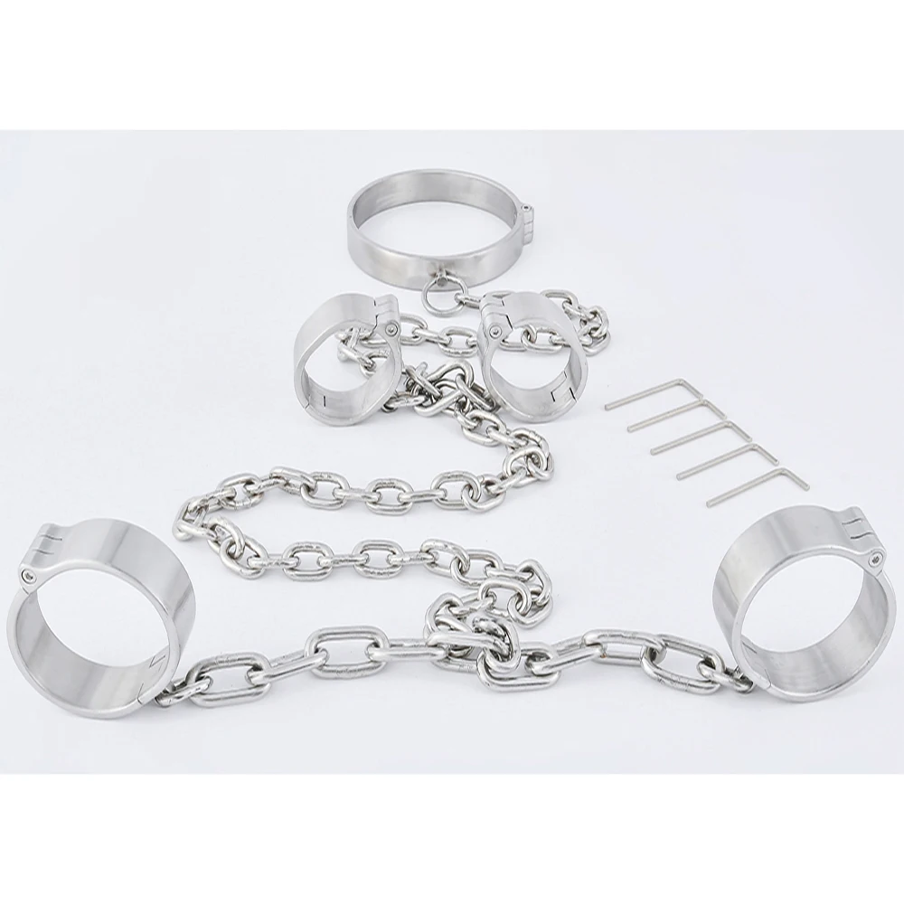 HotX Stainless Steel Lockable Neck Collar Hand Ankle Cuffs Femdom Slave BDSM Bondage Handcuffs ...