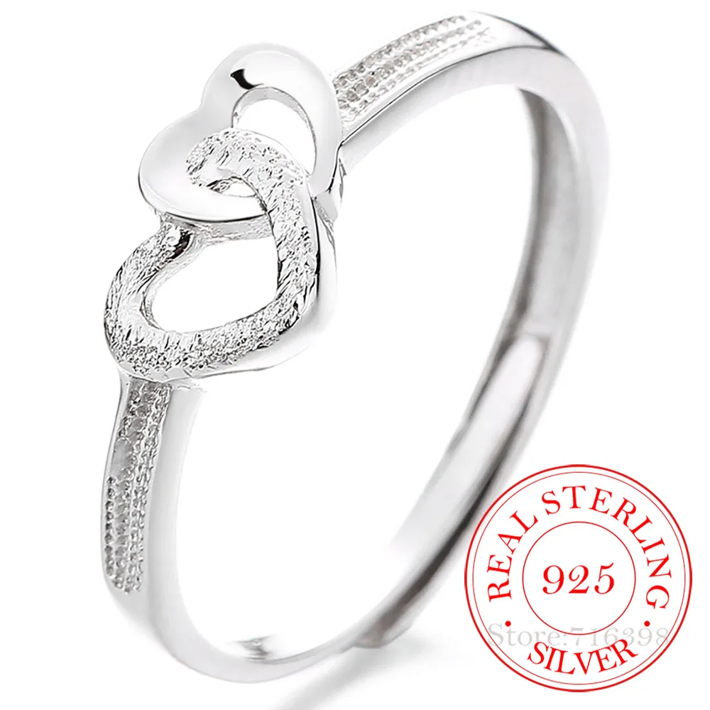 S925 Sterling Silver Double Hollow Heart Rings For Women Grils Simple ...