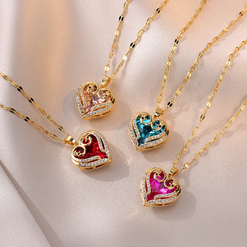 Colorful Zircon Peacock Love Heart Pendant Necklaces for Women ...