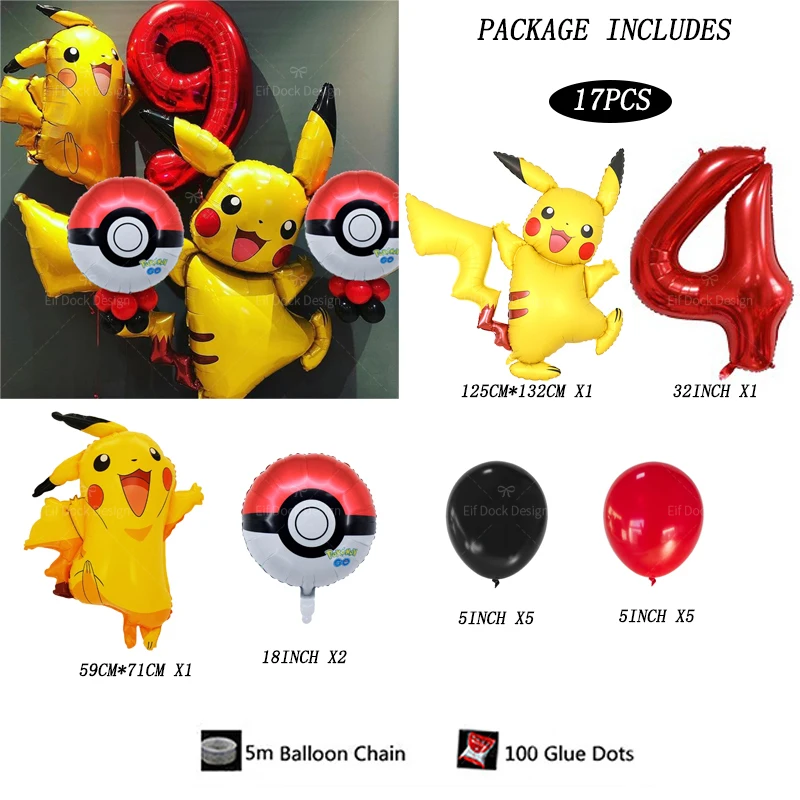 17 piezas de globos temáticos de Pokémon Pikachu de 40 pulgadas, bolas ...