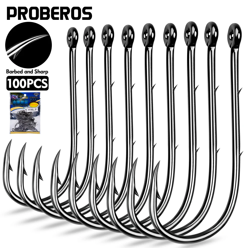 PROBEROS-100pcs-fishing-hook-suit-long-handle-high-carbon-steel-barbed ...