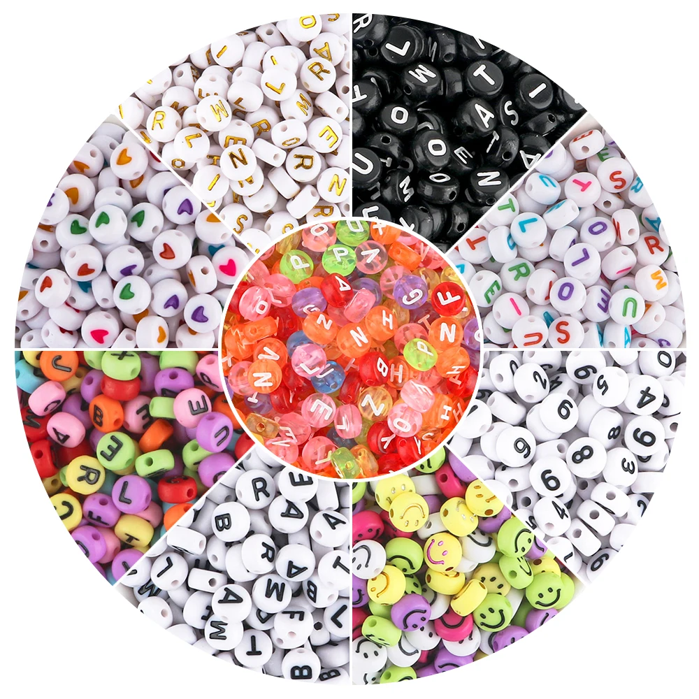100Pcs 7mm Multicolor Round Flat Spacer Acrylic Letters Beads Heart ...