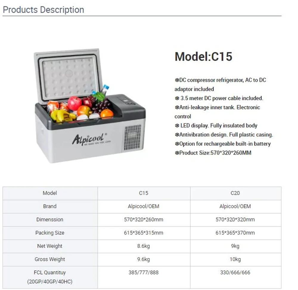 Alpicool 15l Portable Car Refrigerator Mini Freezer Cooler Dc 12v 24v ...