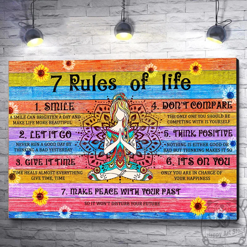 7-Rules-of-Life-Poster-Peace-Love-Wall-Art-Yoga-Meditation-Buddha-Girl ...