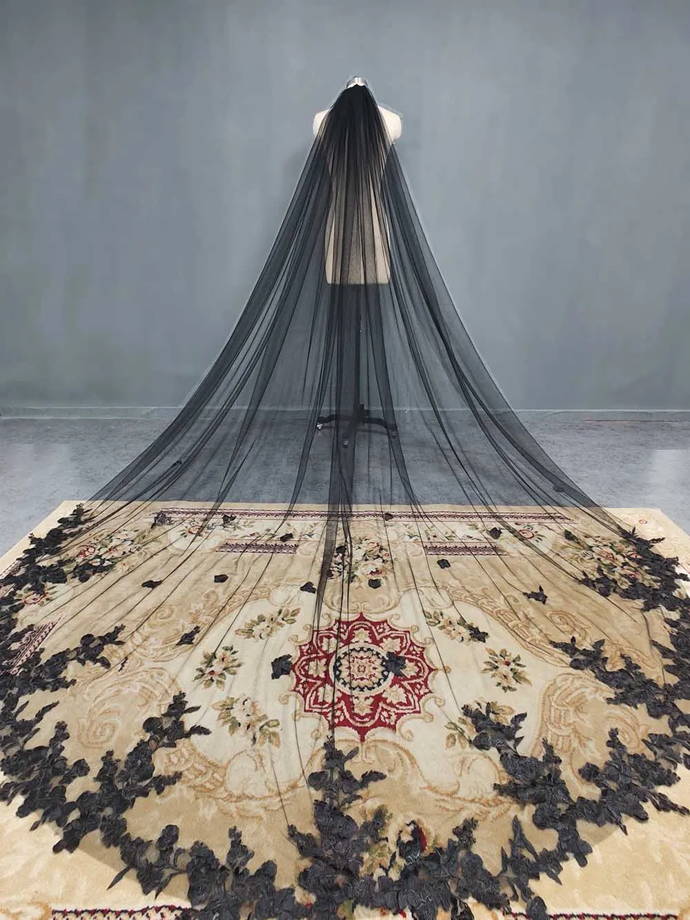 Customized-Black-Lace-Wedding-Veil-1-Layer-3-Meters-Long-Black-Bridal ...