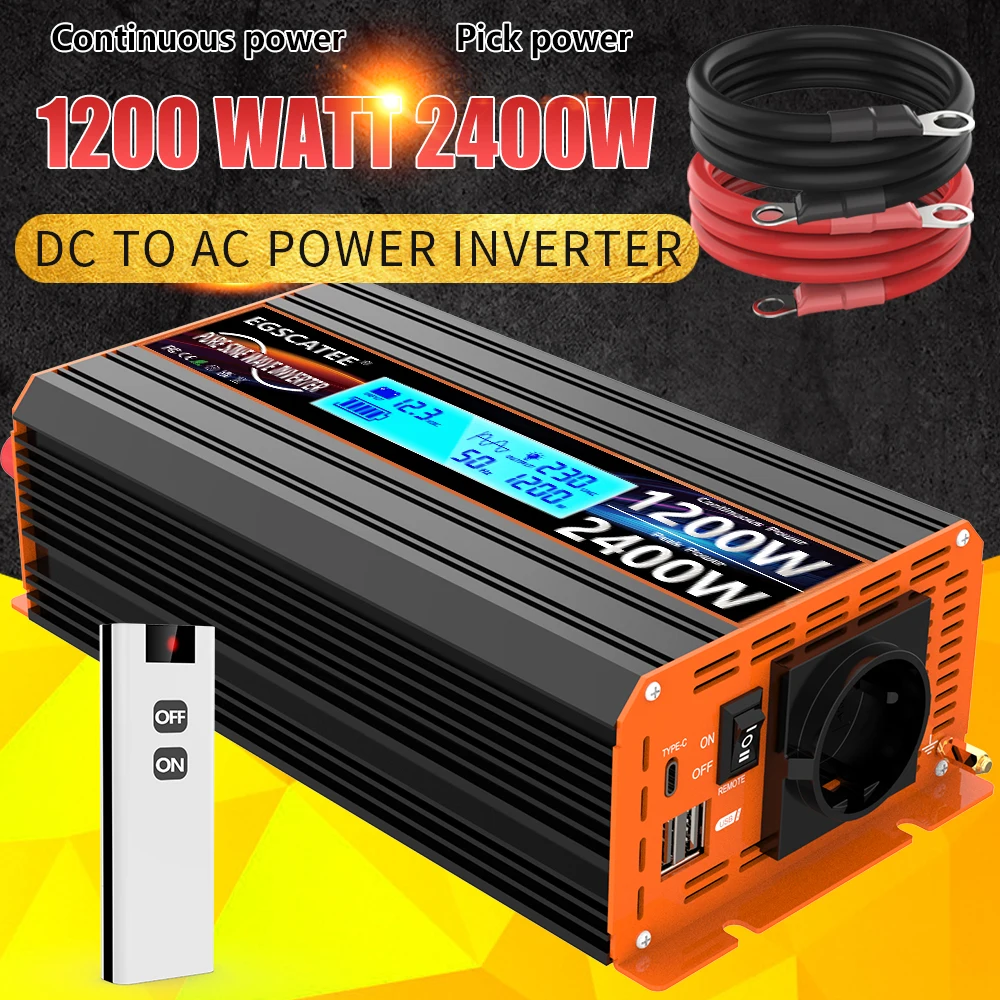 Pure Sine Wave Power Inverter Continuous power 1200W dc 12v LED display ...