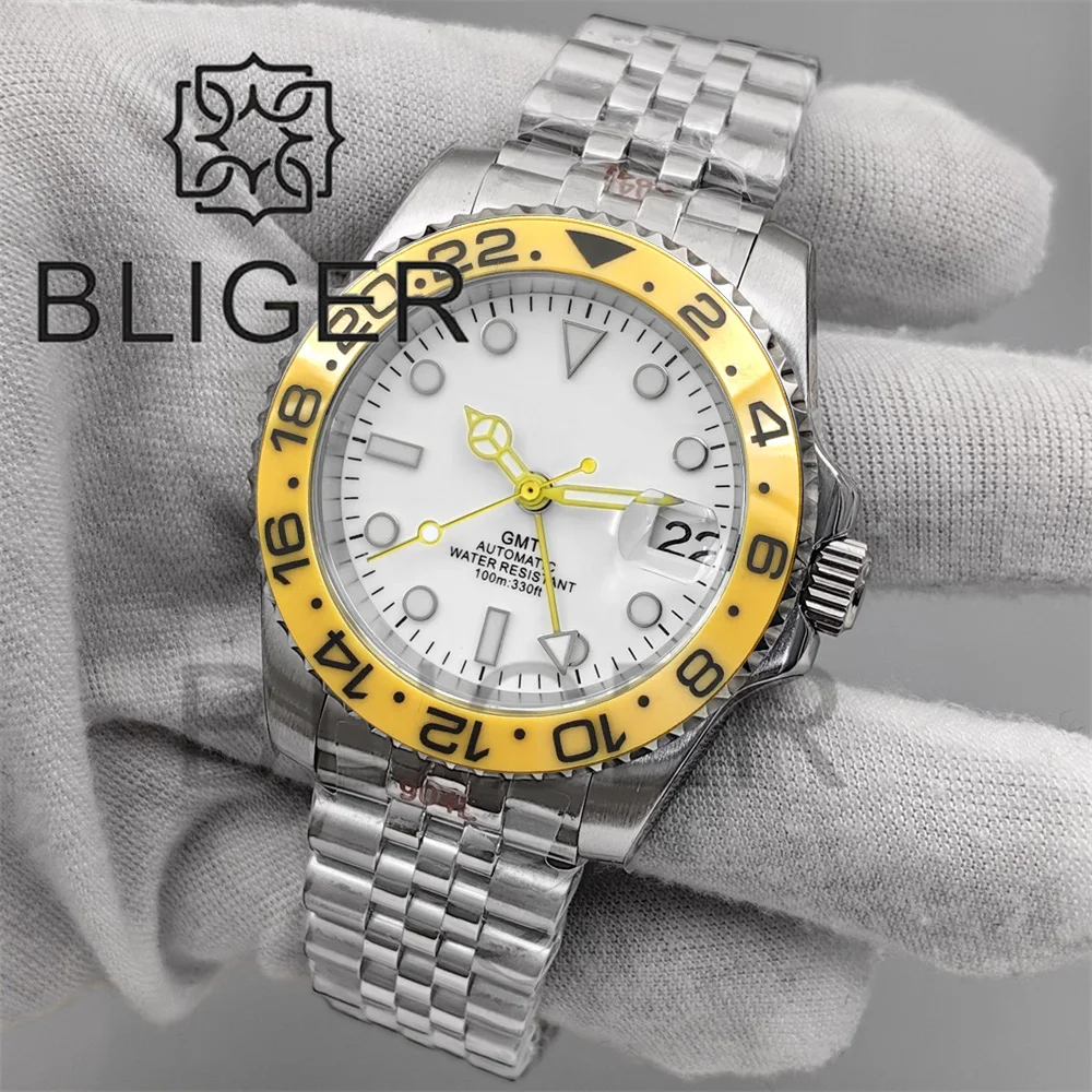 BLIGER 40mm Yellow NH34 GMT Mechanical Men Watch 24 hours Black Yellow ...