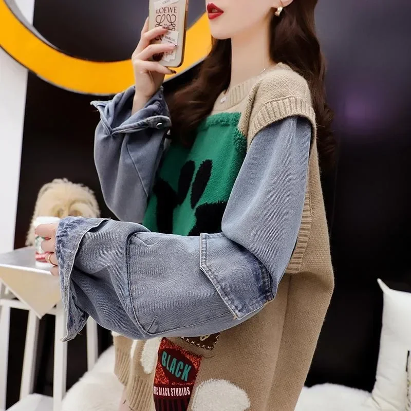 Denim Patchwork Long Sleeve Knitted Pullovers Women Autumn Contrast ...
