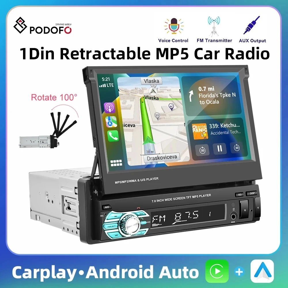 Podofo-1Din-MP5-Car-Radio-7inch-Retractable-MP5-Player-Carplay-Android ...