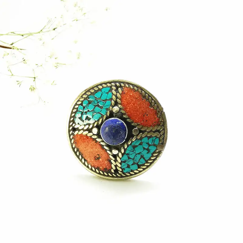 Nepal-Tibetan-White-Metal-Copper-Antiqued-inlaid-Stone-Coral-big-Ring ...