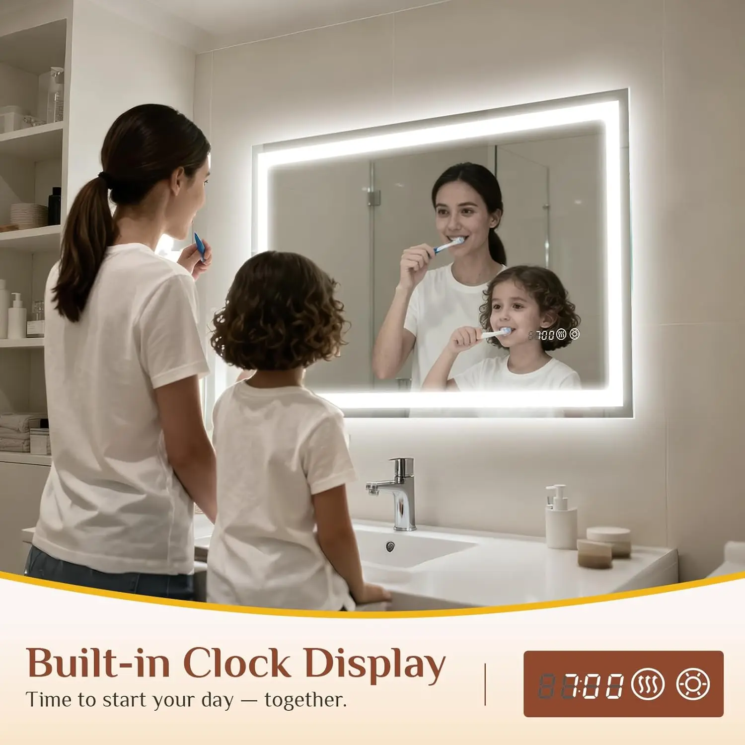 Espejo de baño con iluminación y reloj, L 70/80/100cm, espejo LED con 3 ...