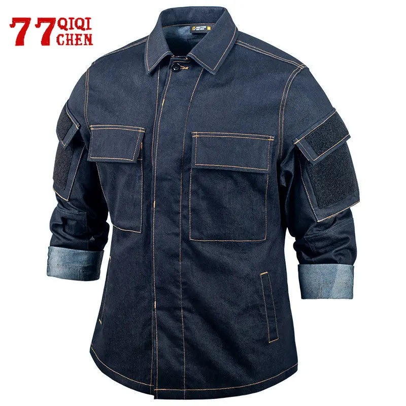 Plus-Size-Tactical-Denim-Jacket-Men-Spring-Autumn-Multi-pocket-Lapels ...