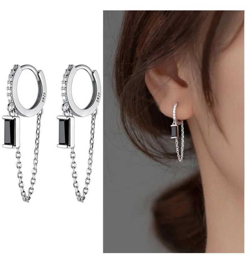 Real 925 Sterling Silver Hoop Fashion Chain Black CZ Hoop Earring For ...