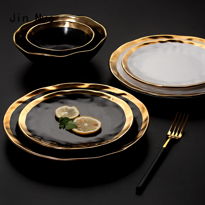 European-Black-Gold-Ceramic-Plate-Western-Cuisine-Matte-Golden-Stroke ...