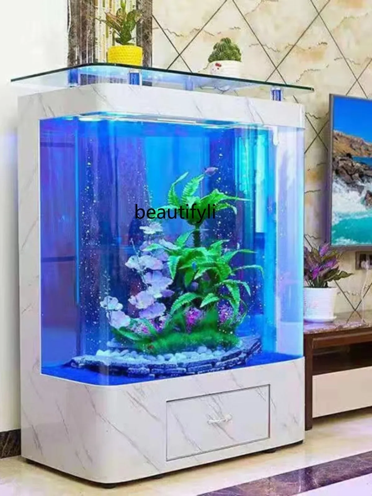 Fish-Tank-Home-Wall-Double-round-Integrated-Arc-Floor-Aquarium-Self ...
