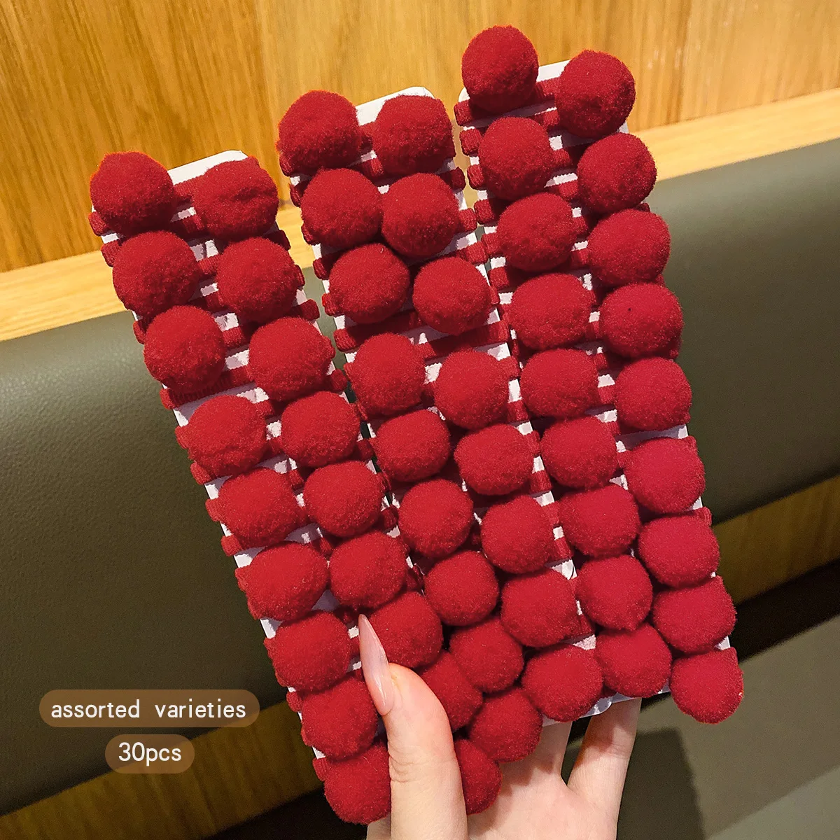 30 red furry ball hair rings with sweet and stylish leather bands ...