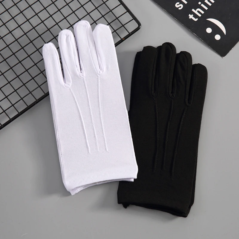 2 Pairs Men Women Cotton Black Gloves Full Finger Uniform Costume Mitts ...