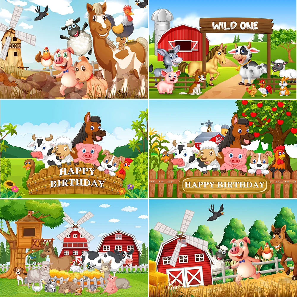 Cartoon Farm Animals Backdrop Newborn Baby Birthday Party Poster ...