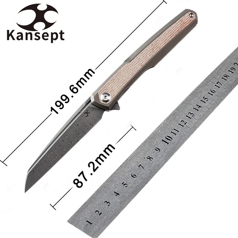 Kansept Arcus Wharncliffe 접이식 나이프, 티타늄 미카르타 핸들, EDC용 플리퍼 탭 오프너 포함, 다마스커스 블레이드, K1046D1 ...
