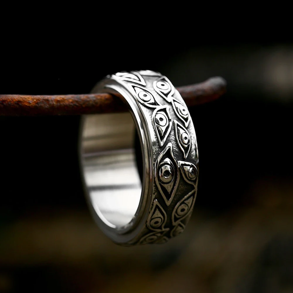 Fashion Retro Stainless Steel Demon Eye Rings Punk Creativity Rotatable ...