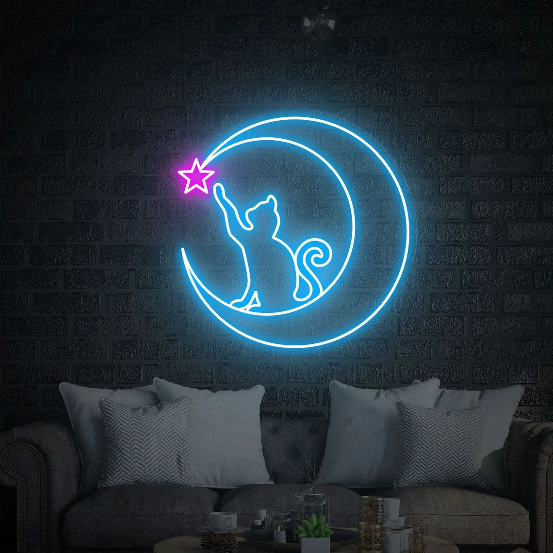 Anime Moon Luna Cat Bedroom Game Room Living Room Wall Decor Art LED ...