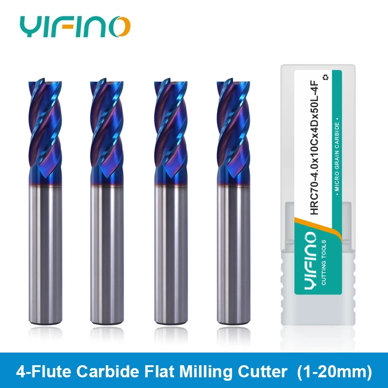 YIFINO – fraise en carbure de tungstène à fond plat, 4 lames, revêtement Nano bleu, HRC70