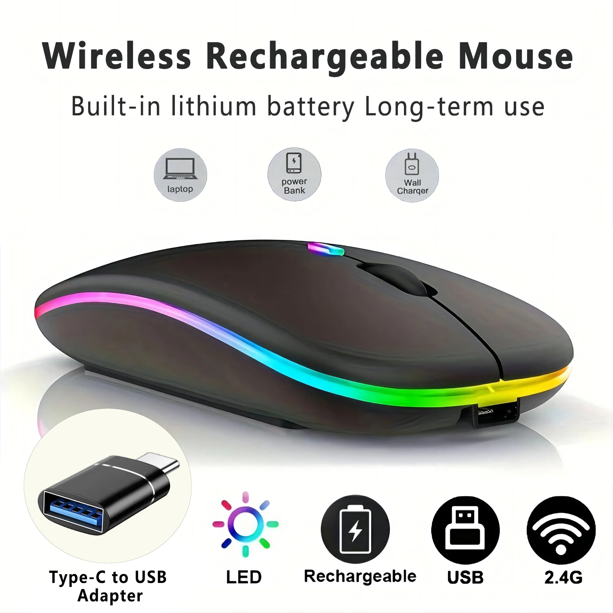 Wireless-Bluetooth-Mouse-With-Type-C-to-USB-Adapter-USB-Rechargeable ...