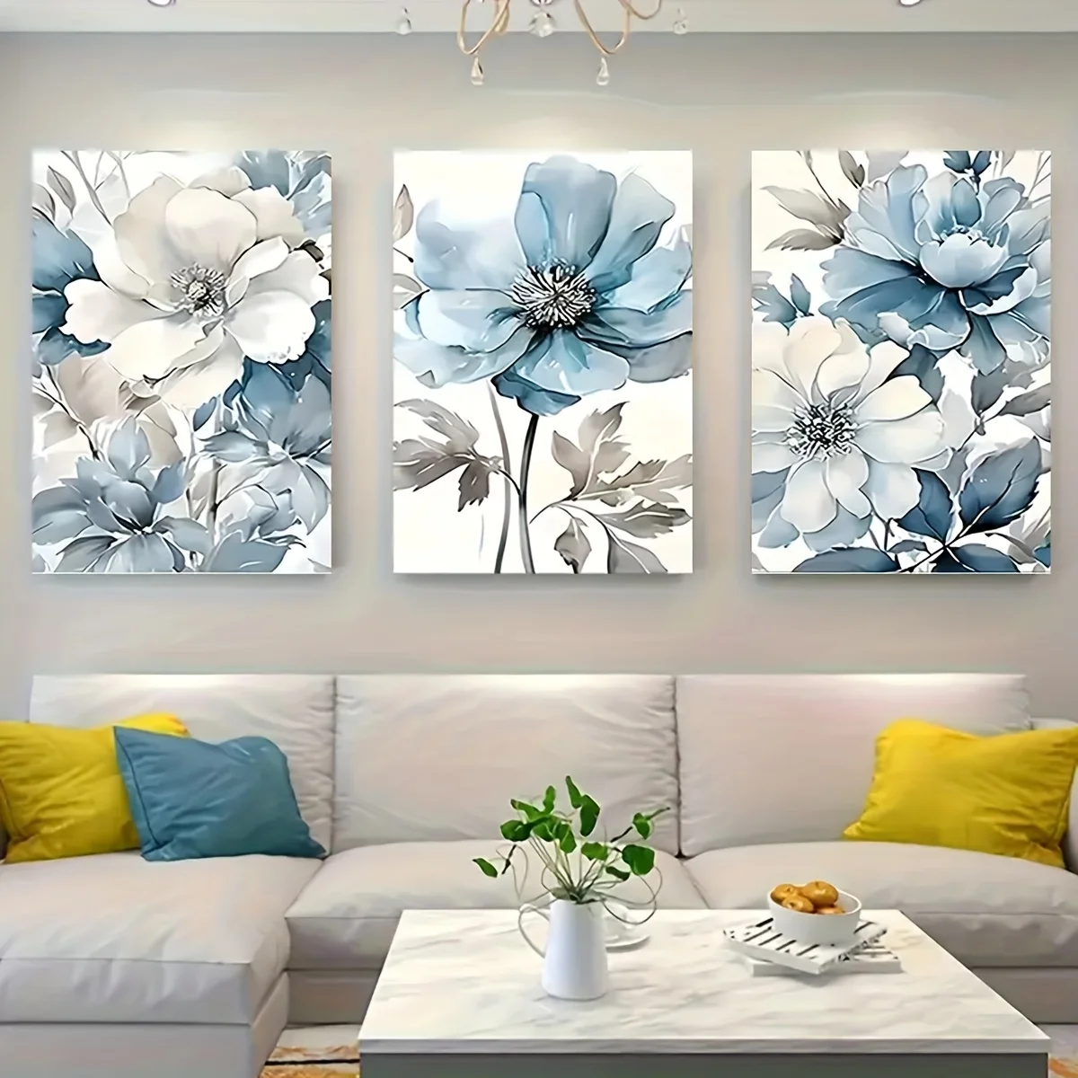 3pcs Blue & White Floral Canvas Art Set - Elegant Modern Flower ...