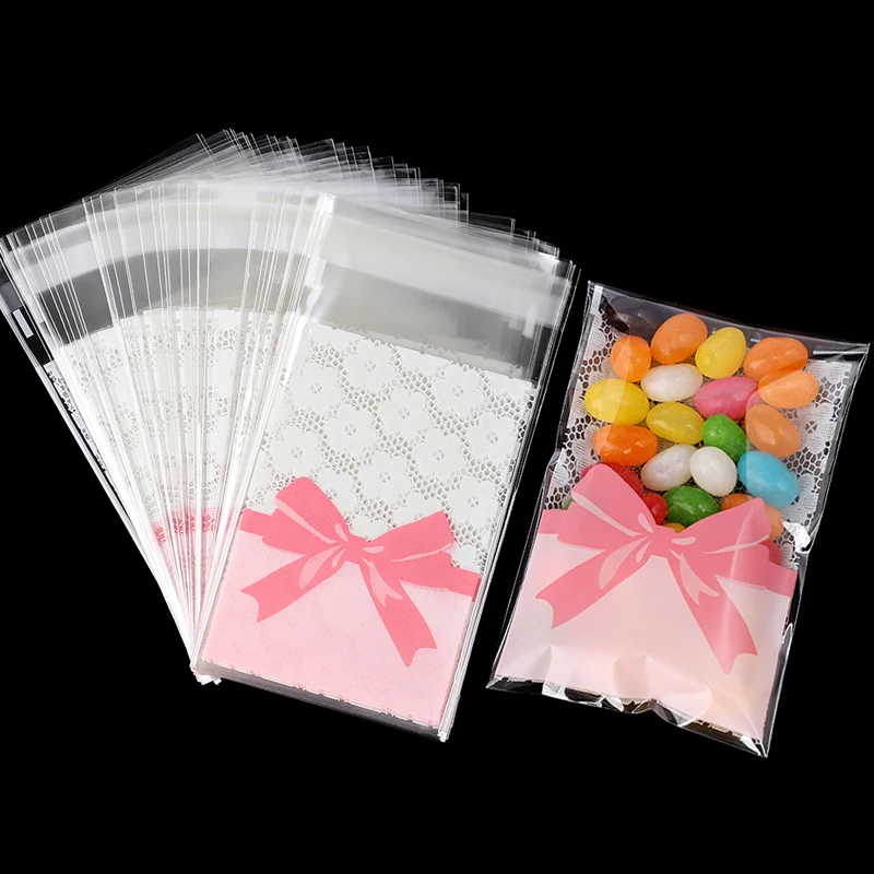 50Pcs Pink Bow Candy Bag Flower OPP Self-sealing Cookie Gift Snack ...