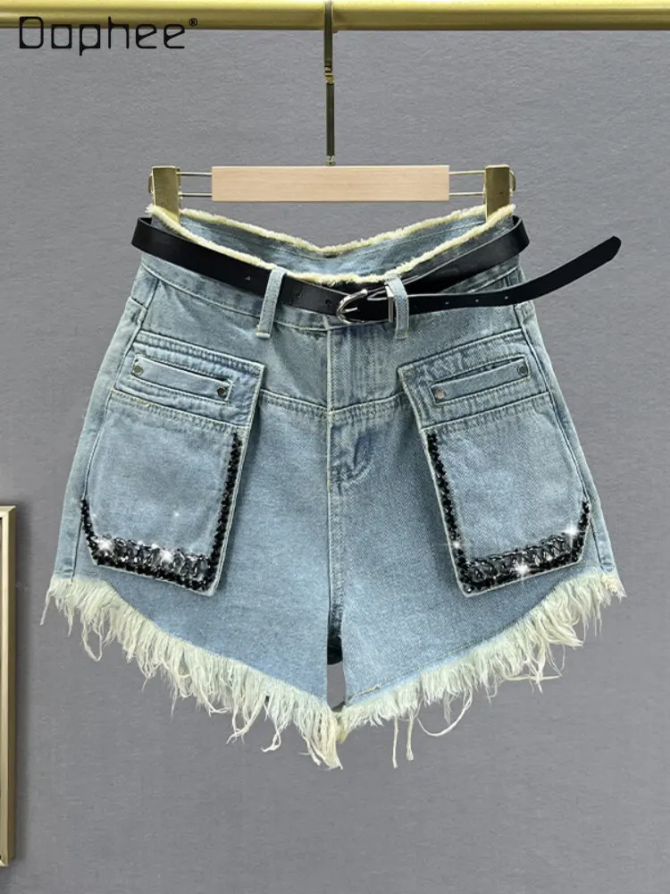 European-Loose-Diamond-Embedded-Raw-Edge-Short-Jeans-Woman-2023-Summer ...