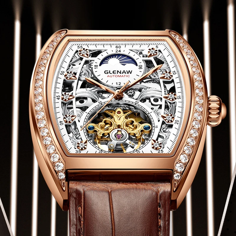 GLENAW New Luxury Brand Automatic Watch for Men Waterproof Diamond Wine ...