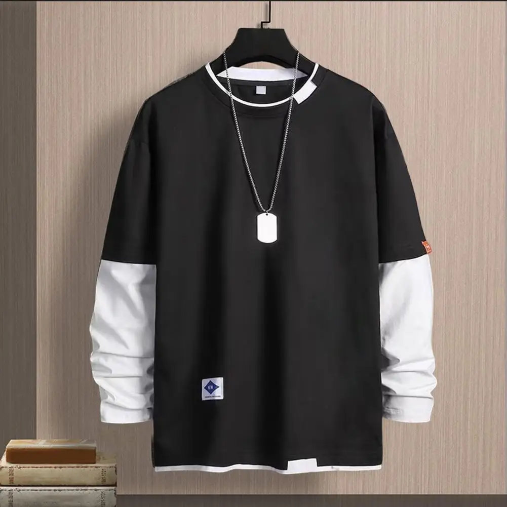 Fall-Spring-Top-Contrast-Color-Crew-Neck-Color-Matching-Men-Top-Long ...