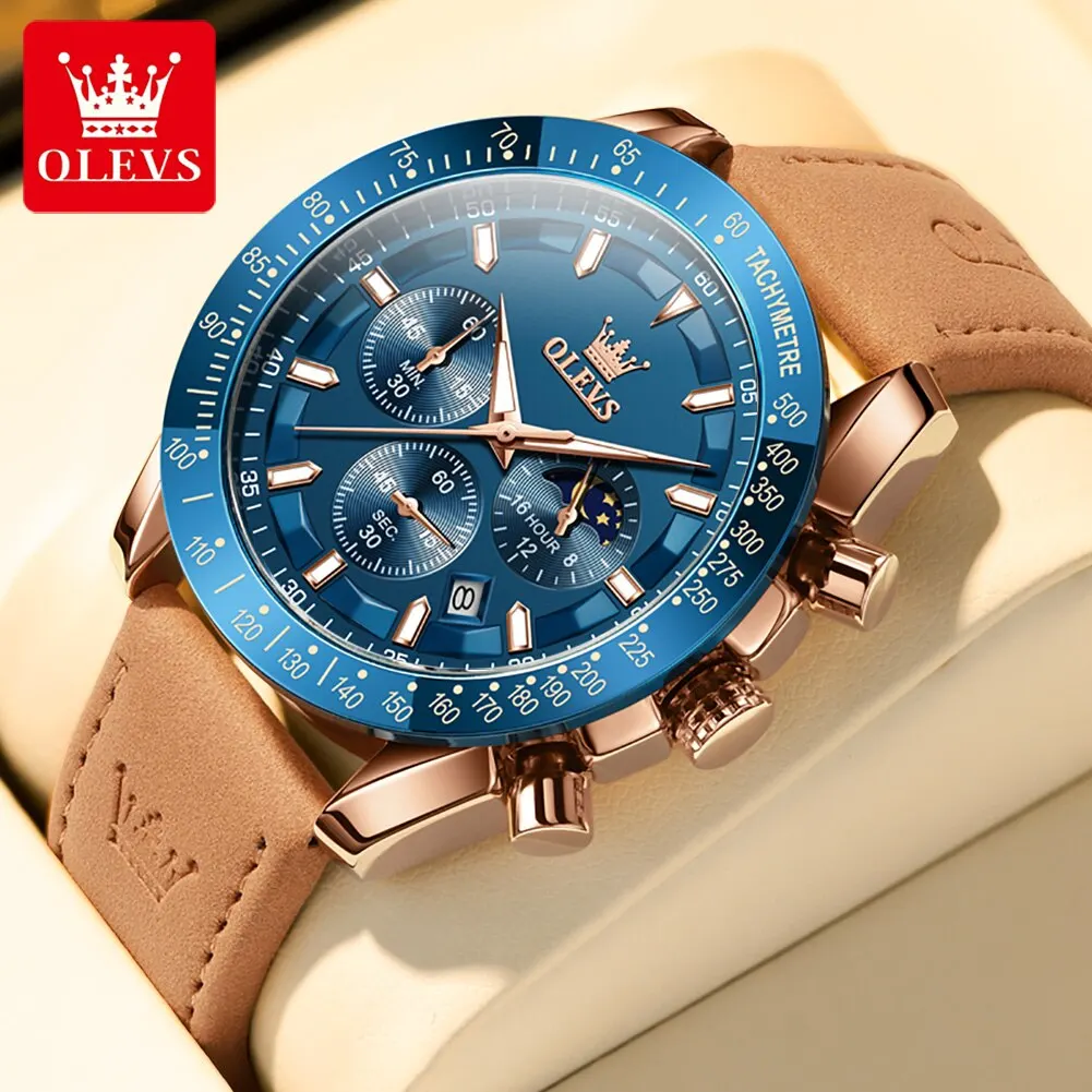 OLEVS New Original Men's Quartz Watch Brown Leather Strap Date Calendar ...