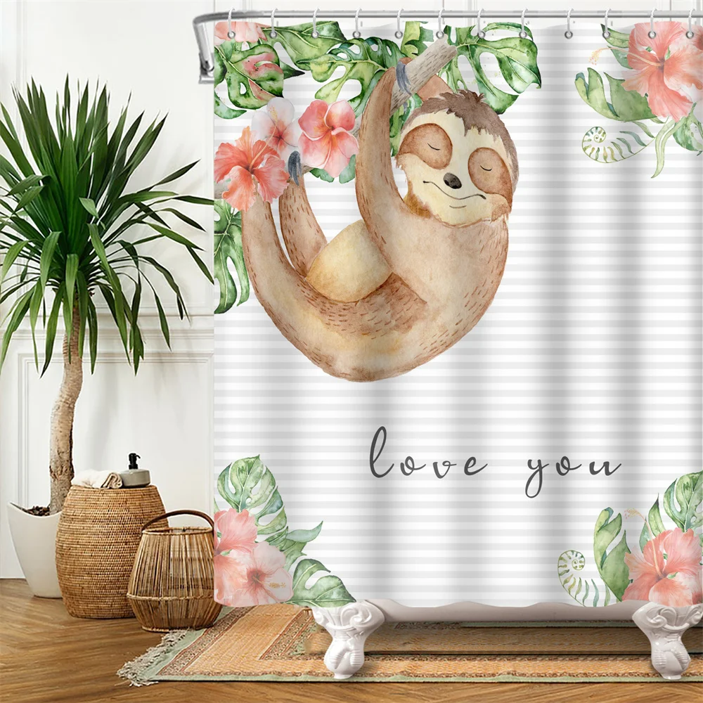 Sloth Shower Curtains for Bathroom Decor Tropical Flower Leaf Waterpro ...