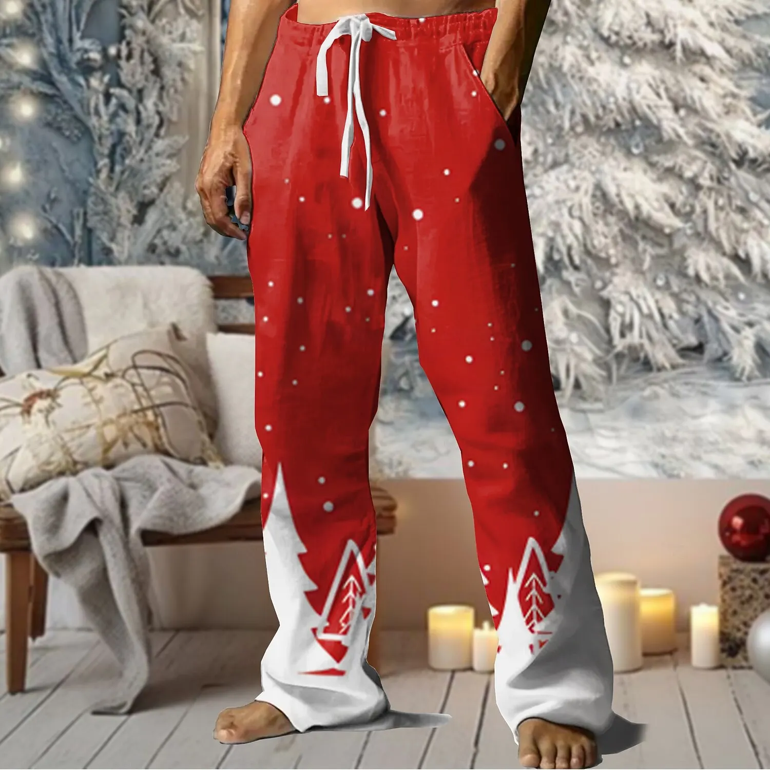 2025 Christmas Men's Snowflake Pants Trousers Drawstring Elastic Waist ...