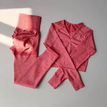 2pcs Women Seamless Yoga Set Sport Suit Gymwear Workout Clothes Long Sleeve Gym Crop Top High ...